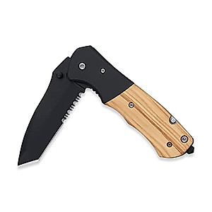 makerflo Beast Tactical Folding Pocket Knife with Natural Wood Handle -Spring Assisted, Multitool with Glass Cutter,Seatbelt Opener & Belt Clip -Ideal for Camping, Hiking, Self Defense,Survival,1pc