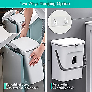 Hanging Trash Can 2 Pack&2.4 Gallon Kitchen Compost Bin for Cabinet Door,Small Under Sink Garbage Can with Lid,Grey+White