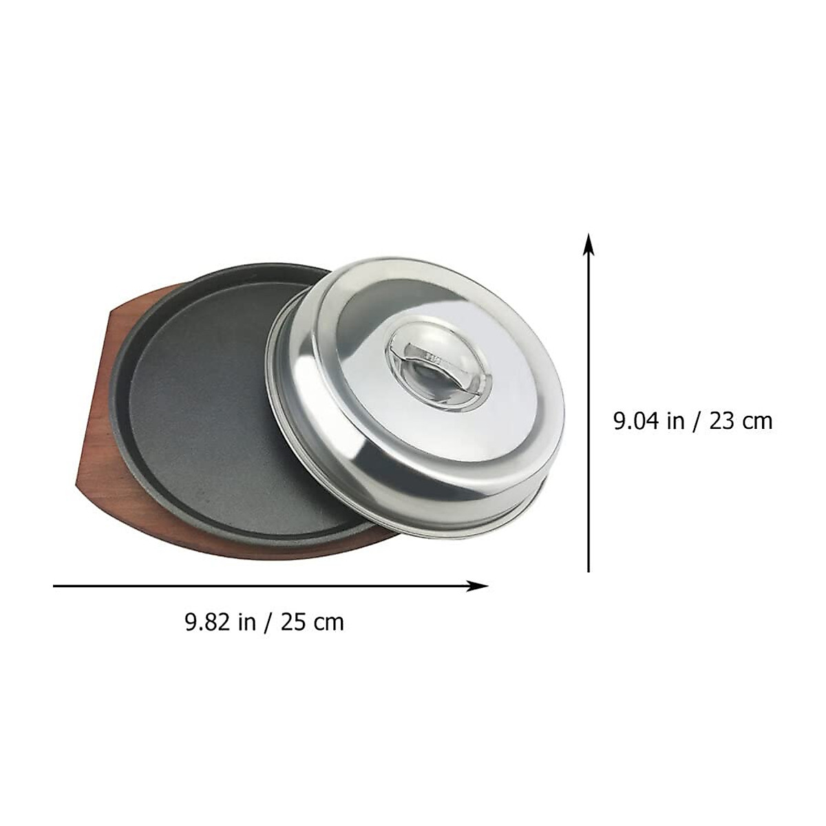 Cabilock Cast Iron Steak Plate Metal Sizzle Griddle with Wooden Base and Cover Foodservice Platter Steak Pan Grill Server Plate for Household Restaurant