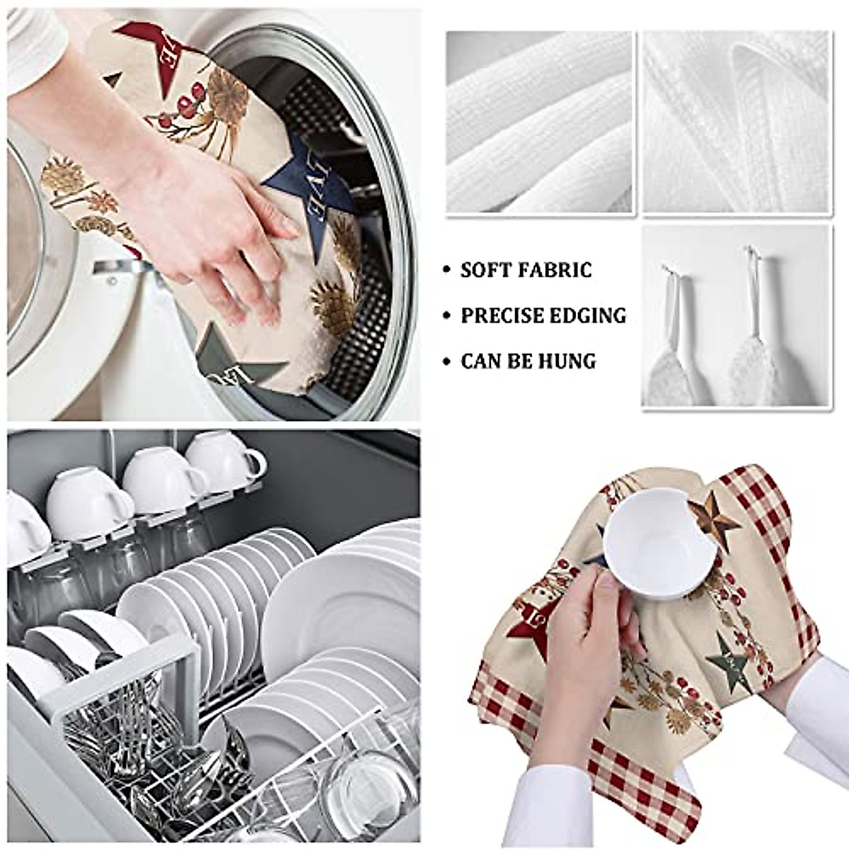 Yun Nist Kitchen Dish Towels,Country Star Berry Burgundy Red Gingham Soft Microfiber Dish Cloths Reusable Hand Towels,Live Laugh Love Text Washable Tea Towel for Dishes Counters 2 Pack