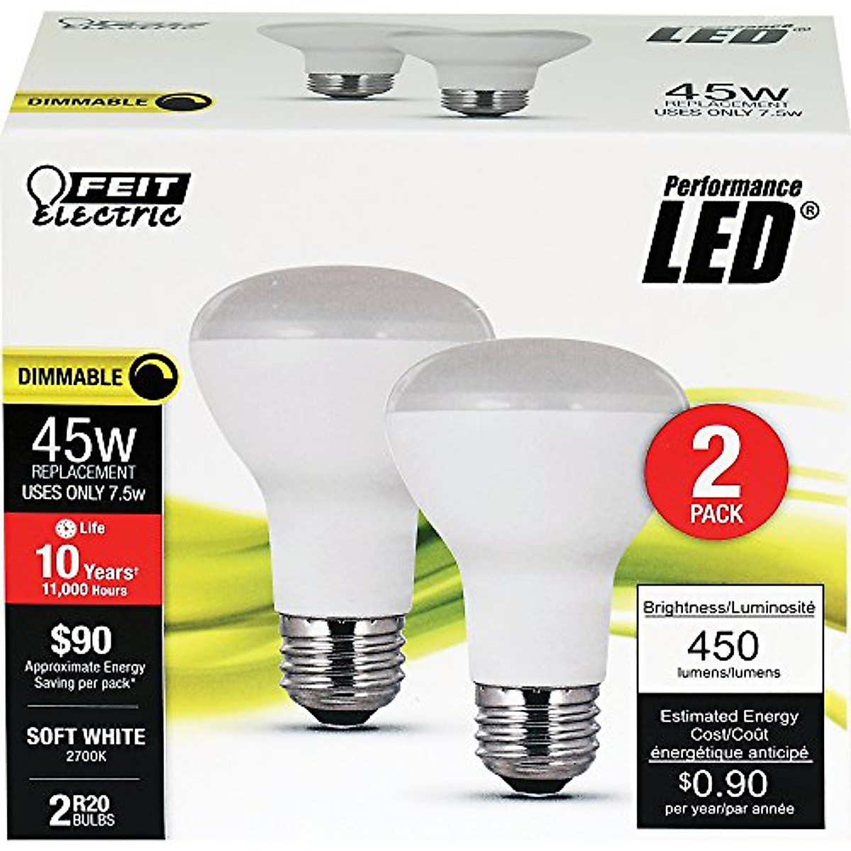 Feit Electric LED R20 Medium E26 Base Light Bulb - 45W Equivalent - 10 Year Life - 450 Lumen - 2700K Soft White - Dimmable | 2-Pack