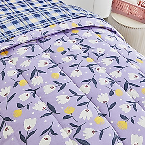 100% Cotton 4 Pieces Purple Floral Toddler Bedding Set with Yellow and White Flowers Includes Adorable Quilted Purple Comforter, Plaid Fitted Sheet, Top Sheet, and Pillow Case for Boys Girls