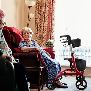 Rollator Walkers for Seniors- Rollator Walker with Seat 8" Wheels- Easy Folding Senior Walker with Padded Backrest- Lightweight Mobility Walking Aid for Adult Elderly, Aluminum Frame, Red