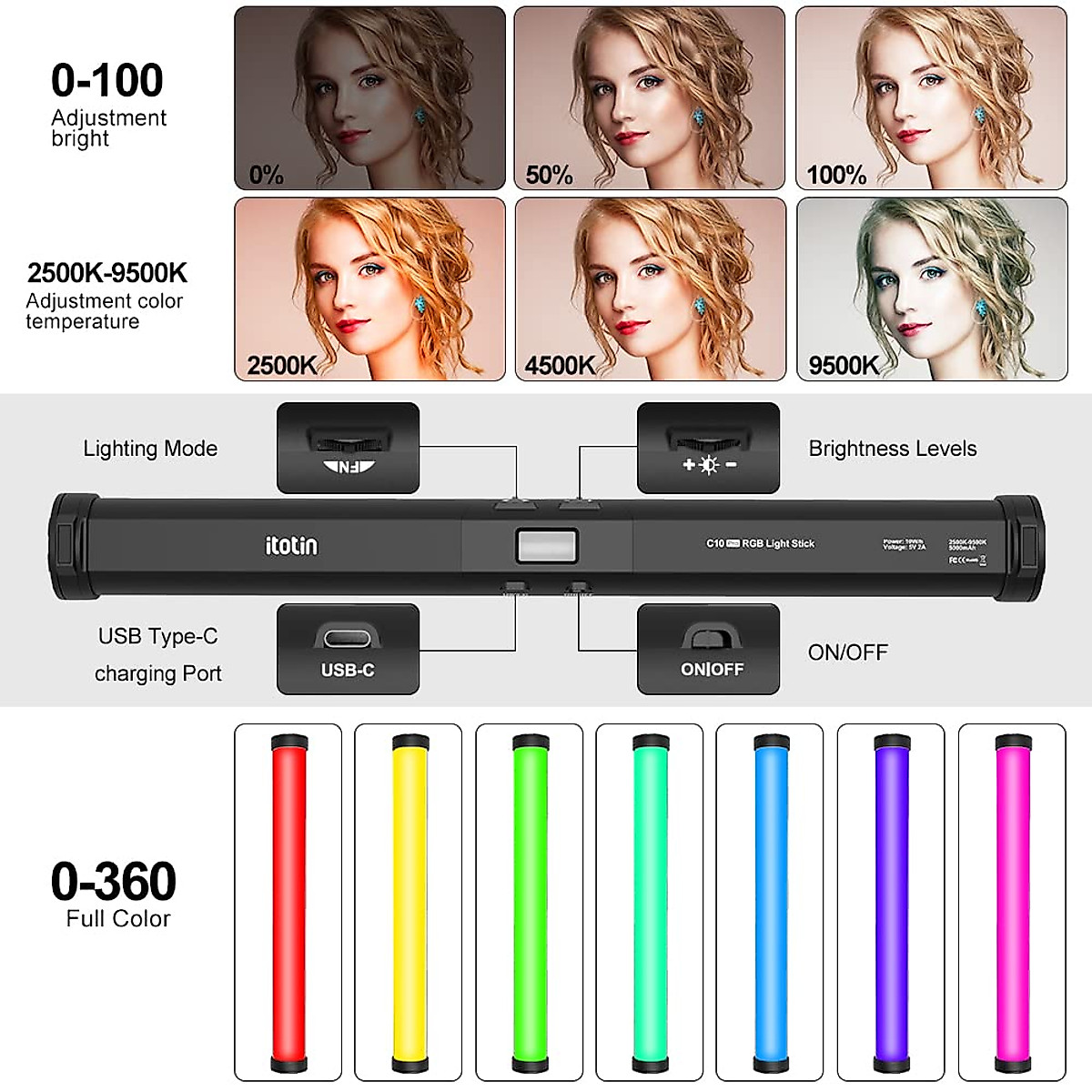 RGB Led Video Light Wand Stick, 360° Full Color Portable Studio Handheld Photography Lighting Wand 5000mAh Rechargeable Battery & Magnet with 27"-80" Tripod Stand-2 Pack