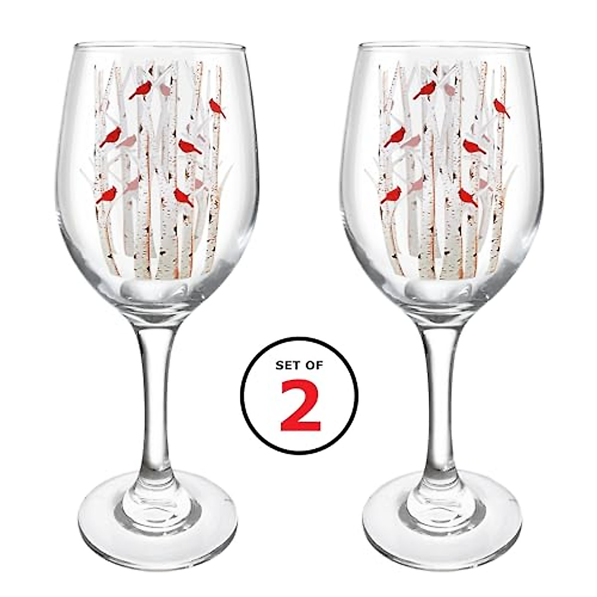 BANBERRY DESIGNS Cardinal Wine Glass - Set of 2 - Stemmed Glasses - Cardinals Perched on White Birch Trees - 7 3/4" Tall 12 oz
