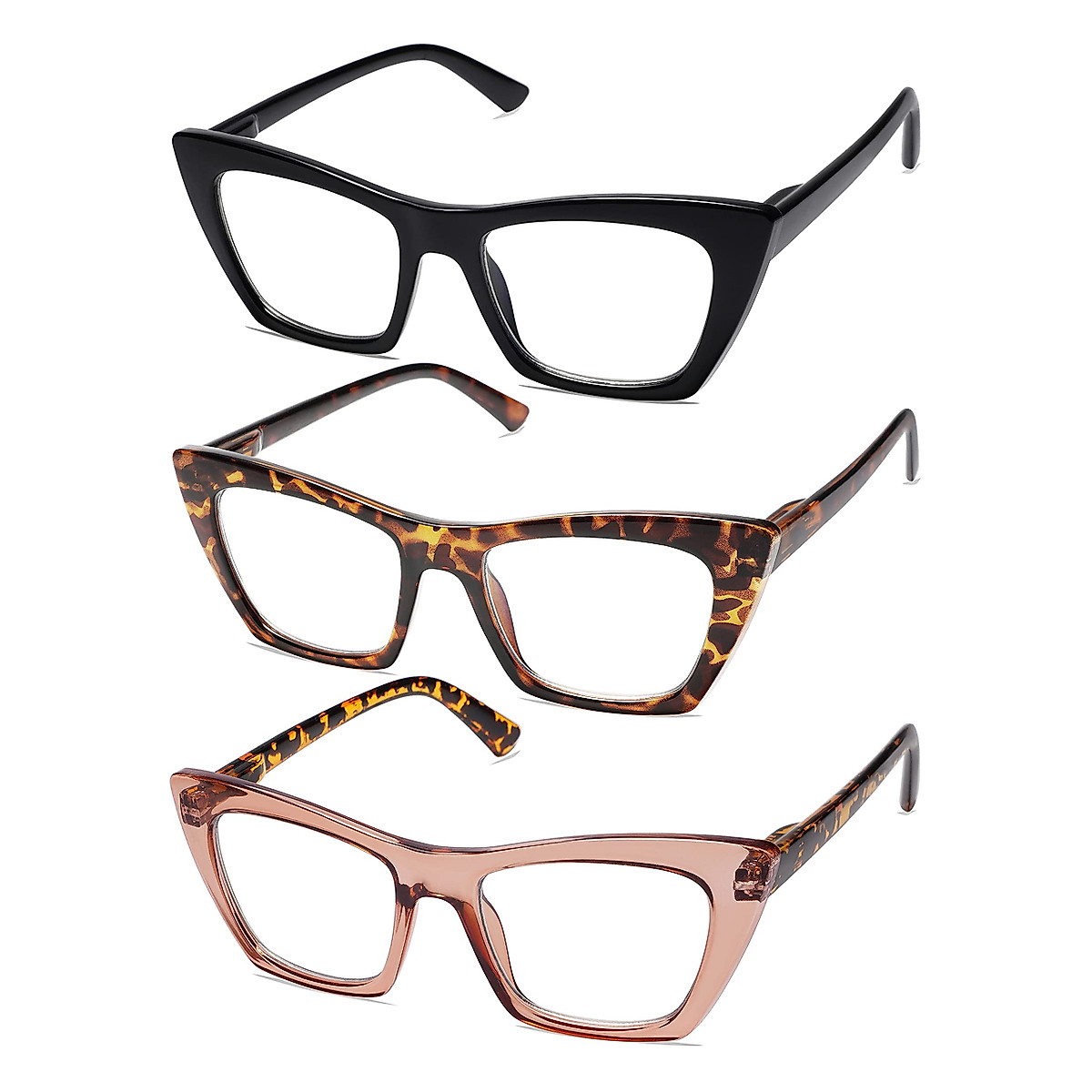 AMOMOMA Oversized Reading Glasses for Women,Trendy Cat eye Blue Light Computer Reader AM6028C1+C2+C3 1.5X