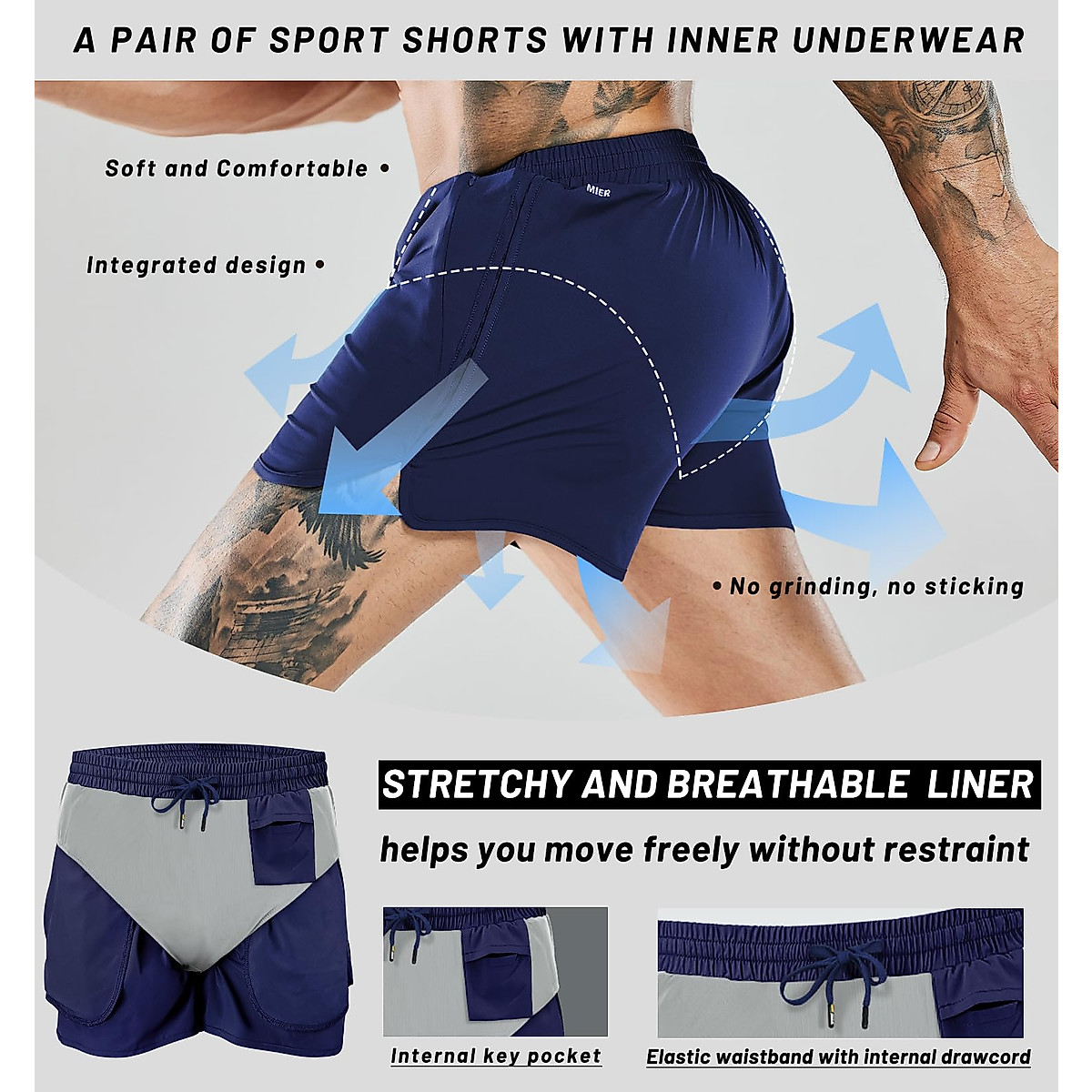 MIER Men's 3 Inches Athletic Running Shorts Built-in Liner Water Resistance Cool Dry Gym Exercise Jogging Track Shorts Zippered Pockets Navy M