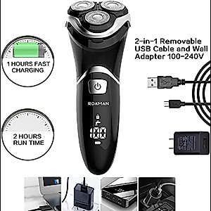 Men Electric Razor, ROAMAN Rechargeable Corded and Cordless Electric Shaver for Men with Pop-up Trimmer, Wet Dry IPX7 Waterproof LED Display 100-240v