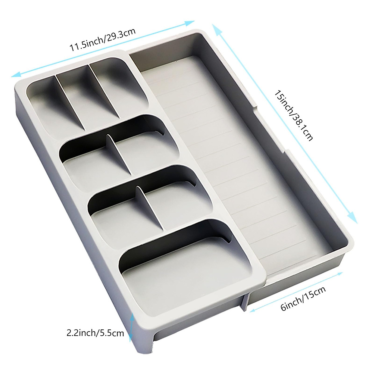 KAKUNM Flatware Drawer Organizer Expandable Adjustable Utensils Silverware Tray for Drawer, Spoon Knife and Fork Partition Storage,Large, Gray