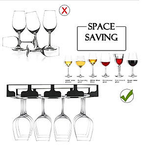 Jbikao Wine Glass Rack - Under Cabinet Stemware Wine Glass Holder Glasses Storage Hanger Metal Hanging Organizer for Bar Kitchen 4 Rows Black