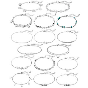 Softones 16Pcs Ankle Bracelets for Women Girls Gold Silver Two Style Chain Beach Anklet Bracelet Jewelry Anklet Set,Adjustable Size