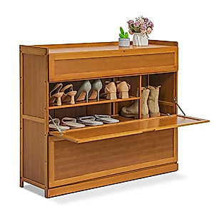 MoNiBloom Bamboo 5 Tier Shoe Storage Cabinet with Pull-Down Doors for Heels Sneakers Shoes Rack Organizer for 31-35 Pairs Entryway Hallway Living Room, Brown