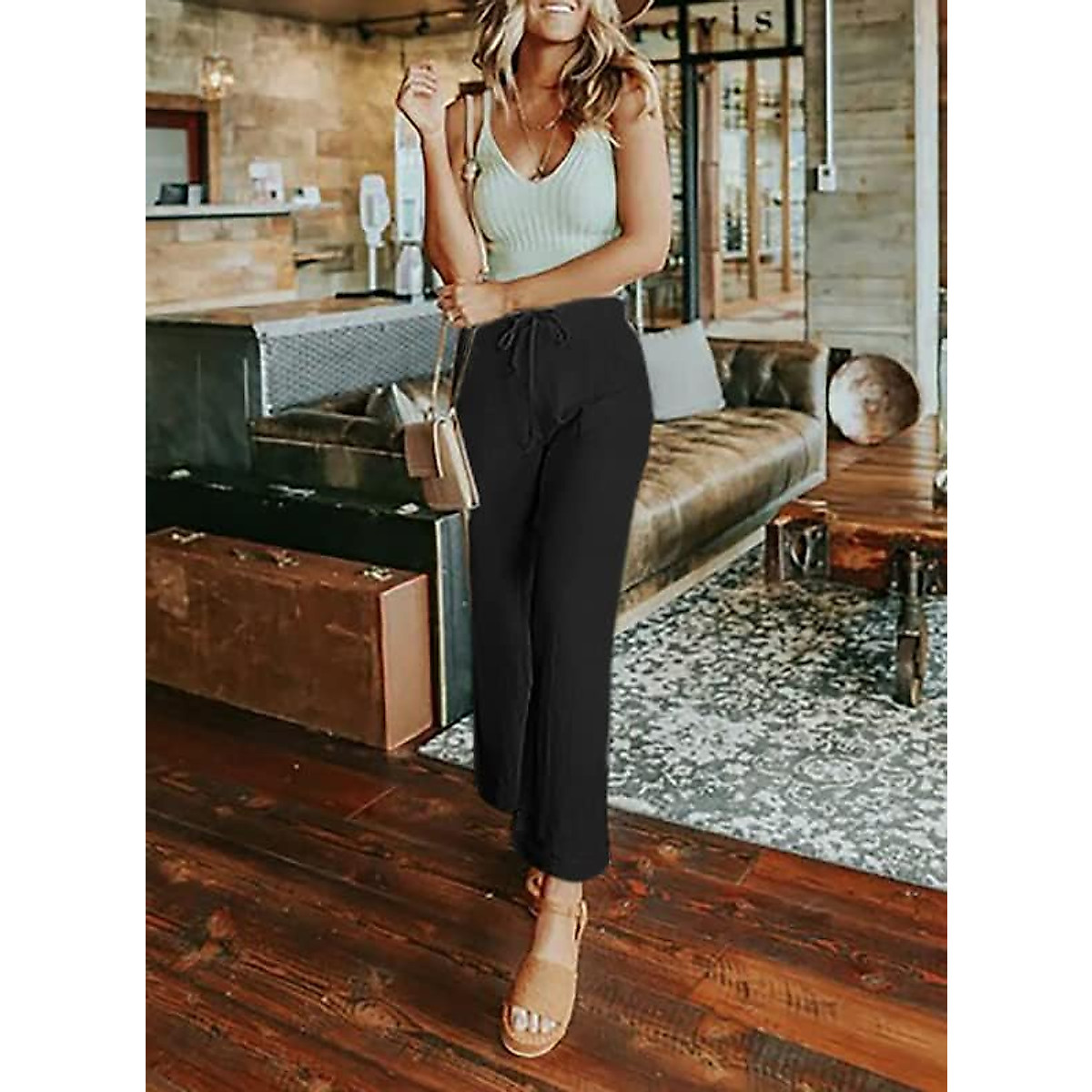 Dokotoo Women's Ladies 2024 Summer Beach Casual Linen Elastic High Waisted Drawstring Comfy Elegant Wide Leg Loose Flowy Long Palazzo Pants for Women Trousers with Pockets Black XL