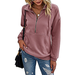 PRETTYGARDEN Women’s Casual Long Sleeve Lapel Zipper Sweatshirt Drawstring Loose Pullover Tops Pink
