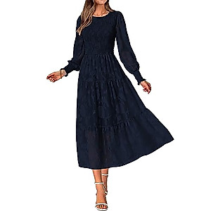 BTFBM Casual Women's 2023 Fall Dresses Elegant Wedding Guest Dress Long Sleeve Floral Midi Dress Flowy Bohemian Long Dress(Navy,Large)