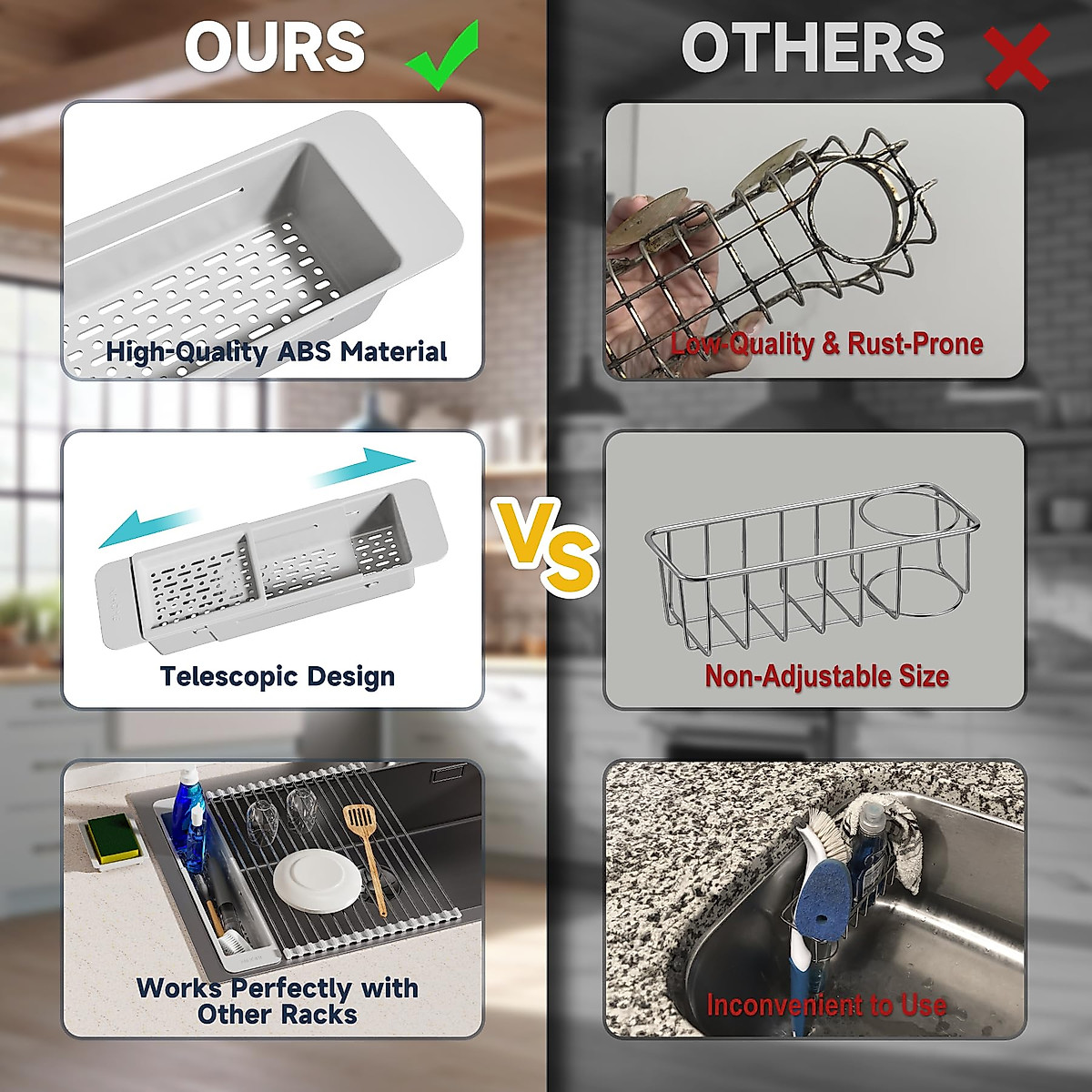 NiHome Extendable Over Sink Kitchen Organizer, Telescopic Sink Storage Rack for Sponge, Non-Slip Pads Expandable Sink Caddy, Adjustable Sponge/Brush Rack with Drainage Durable ABS Material (Grey)