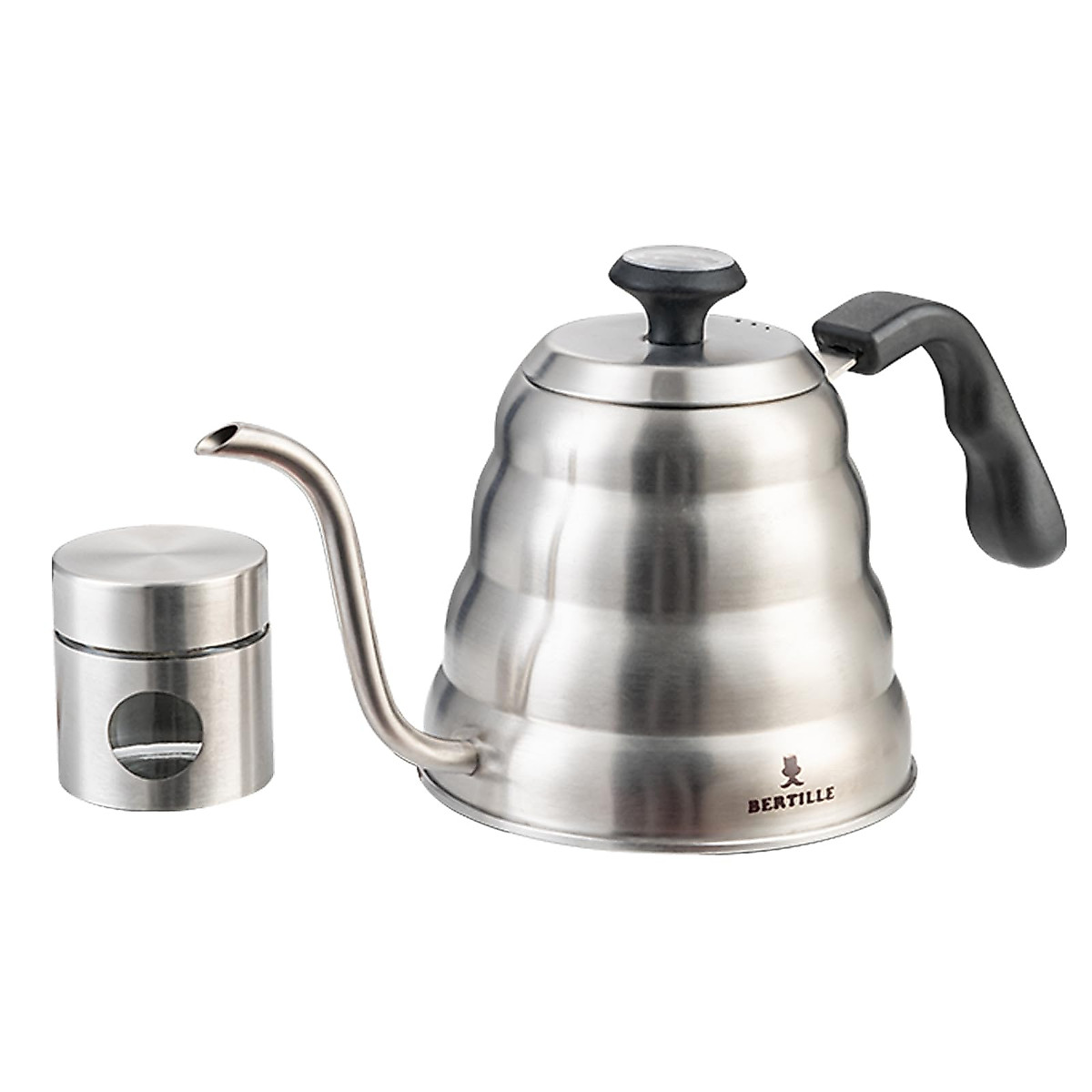 BERTILLE Gooseneck Coffee Kettle Tea Kettle with Thermometer 40 fl oz/1200 ml, premium stainless steel kettle body and ergonomic handle + 1.1 oz coffee bean storage canister(Black)