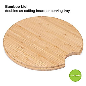 Clean Dezign 11.5" Large Salad and Serving Bowl with Bamboo Wood Lid and Servers Set - Bamboo Fiber Mixing Bowl and Utensils with Wooden Cutting Board Top (Large, Natural White)