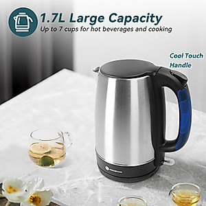 Aigostar Electric Kettle, 1.7L Stainless Steel Electric Tea Kettle, 1500W Fast Boil Water Kettle with LED Light, Auto Shut Off & Boil Dry Protection, BPA-Free Water Boiler for Tea and Coffee, Sliver