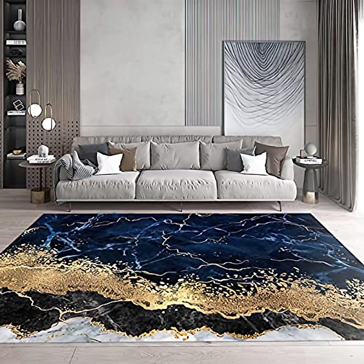Light Luxury Black Gold Marble Area Rug, Luxury Blue Starry Gold Powder Texture Indoor Rugs, Non-Slip Easy Care Carpet for Living Room Bedroom Apartment Home Decor - 6.6 ft x 5.3 ft