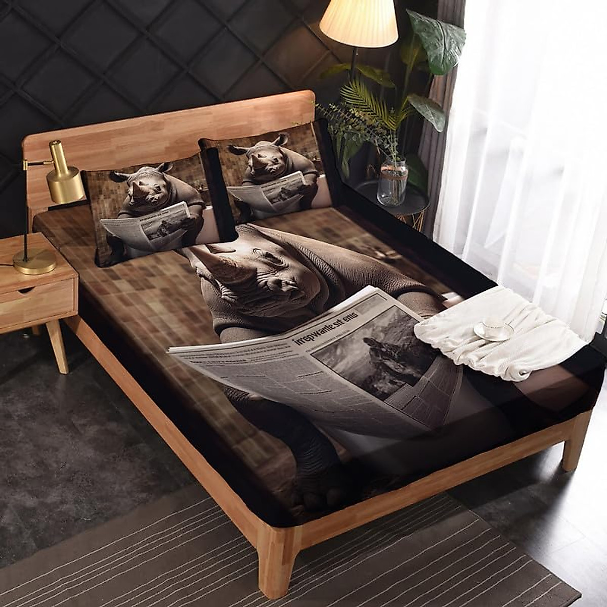 California King Sheet Sets - Funny Bed Sheets, Rhinoceros Bedding Sheets & Pillowcases, Soft Microfiber & Deep Pocket & Wrinkle Free Patterned Sheet Set, 1 Fitted Sheet, 1 Flat Sheet, 2 Pillow Cases