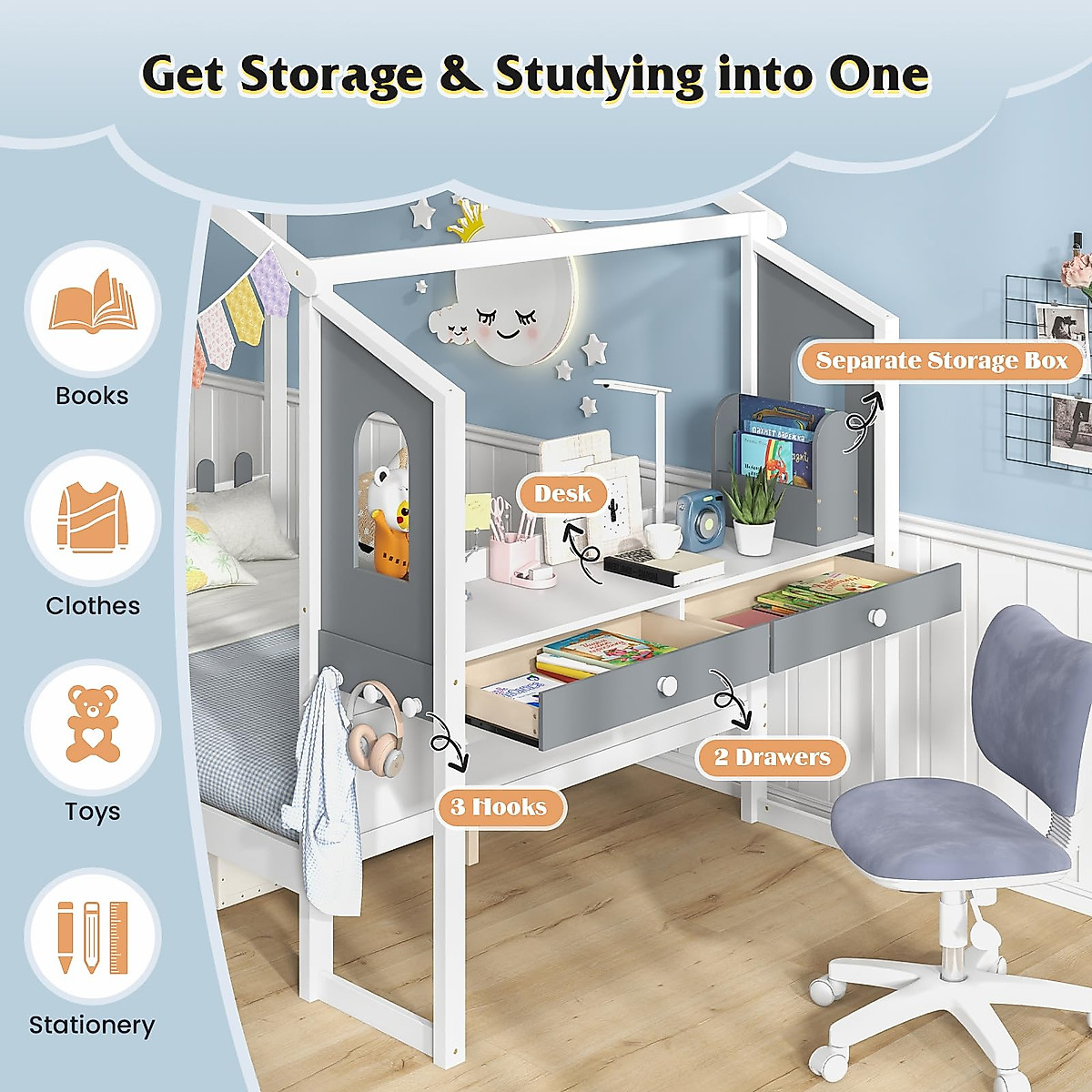 KOMFOTT Full House Bed with Desk, Wood Montessori Bed Frame with House Roof Canopy, 2 Drawers, Modern Playhouse Bed with Fence for Kids, Teens, Girls & Boys, No Box Spring Needed, White & Gray