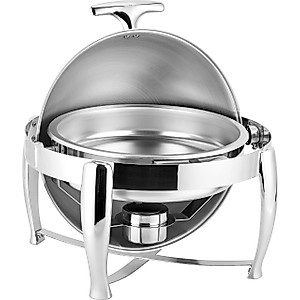 CHEFQ Virtuosa S/S 6 QT Round Chafer, Roll-top Set Includes Food Pan, Water Pan and Fuel Holders – Durable, shiny silver, keeps food warm in catered events + CHEFS APRON by ChefQ