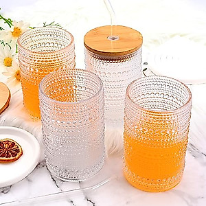 Vintage Drinking Glasses Set of 4 with Bamboo Lids and Straws, 16 oz Textured Clear Striped Ribbed Glassware Set Old Fashion Beaded Glass Cups Embossed Iced Coffee Cup for Beer, Cocktail, Beverage
