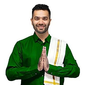 Angavastram Cotton Traditional Pooja Angvastra Towel Gamcha Shaluva Kanduva Kasavu for Religious Occasion Wedding New Year Temple Puja Rituals Housewarming (Cream with Gold Zari Border)