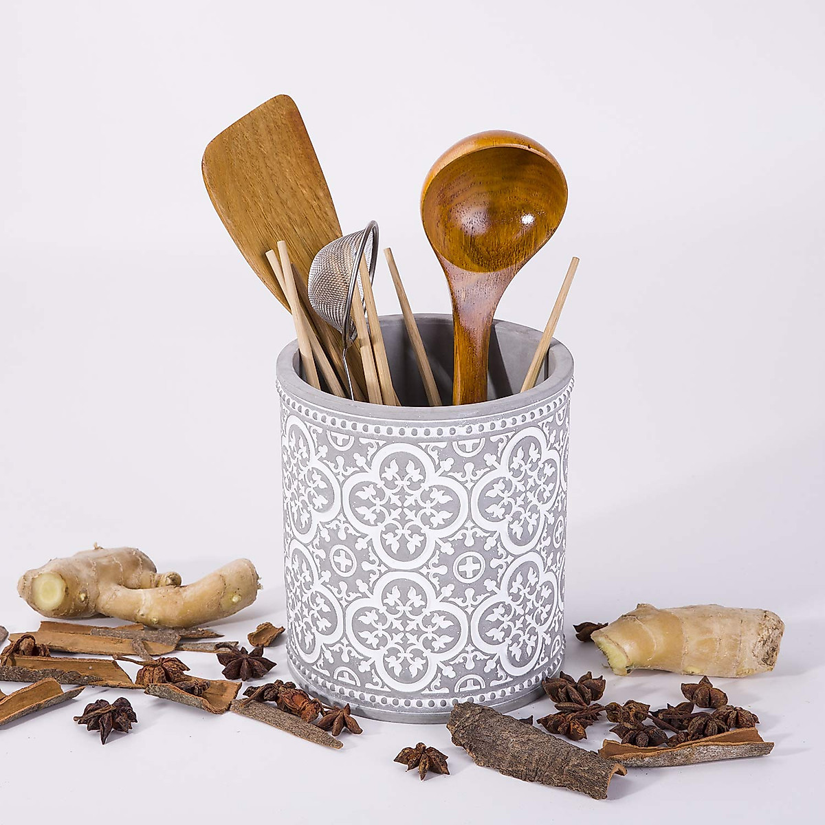 Farmhouse Kitchen Cooking Utensil Holders | Fine Embossed Cement Utensils Crock | Cement Utensil Container Kitchenware Flatware Organizer Decor Utensils Caddy (Pattern 1)