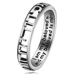 Uloveido Hebrew I Am My Beloved Ring, Christian Bible Verse Engraved Rings, White Gold Plated Hollow Band Rings Size 8 Y583