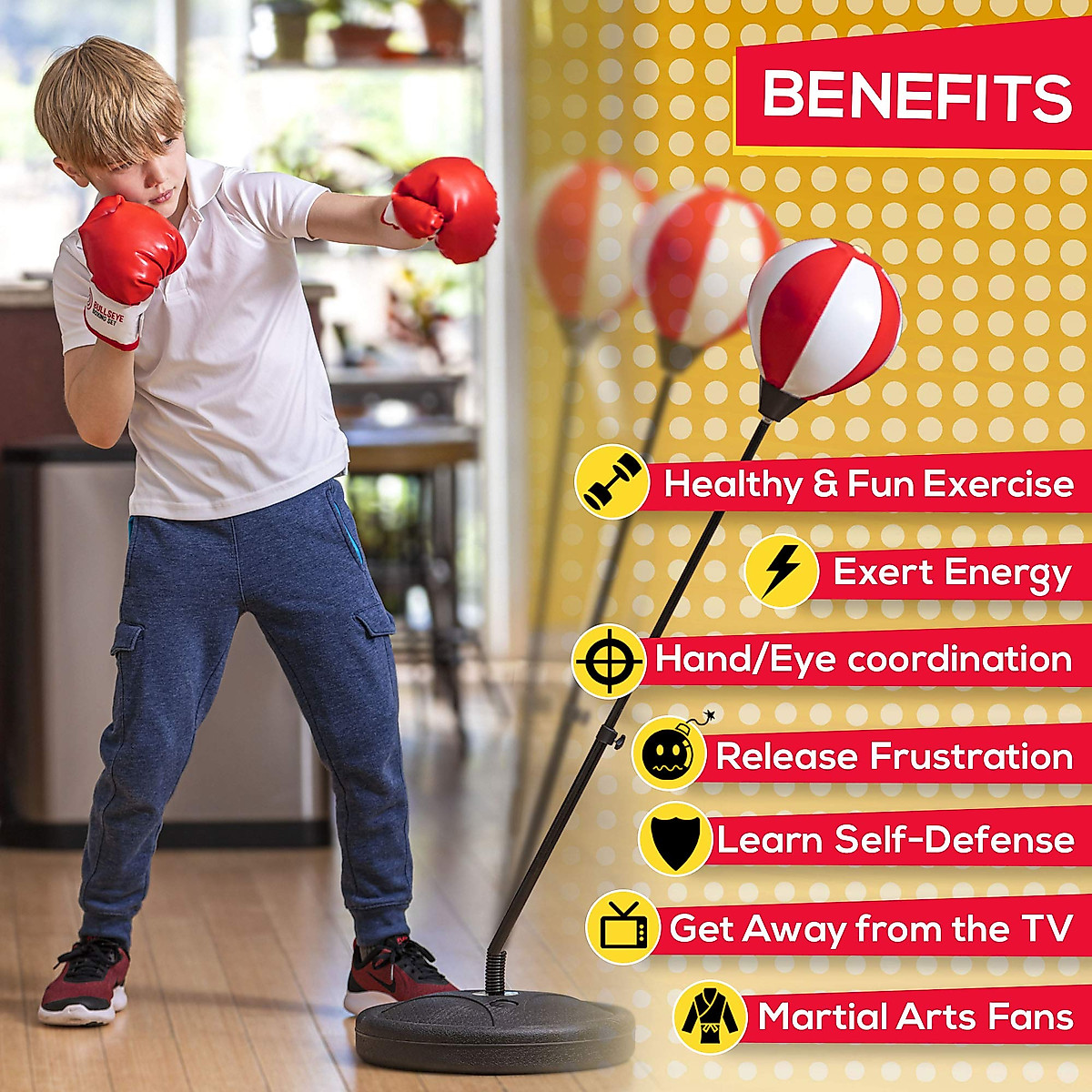 Whoobli Punching Bag for Kids Incl Boxing Gloves | 3-10 Years Old Adjustable Kids Punching Bag with Stand | Boxing Bag Set Toy for Boys & Girls (Red White); New 2025