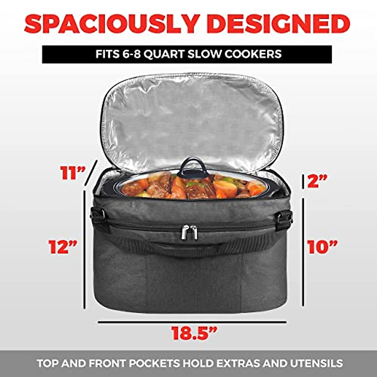 Slow Cooker Travel Bag for 6-8 Quart Pots | Locking Travel Bag with Secure Zip & Accessory Pocket | Insulated Carrier, Pot Holder Carrying Bags with Easy to Clean Inner Lining