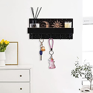 Key Holder for Wall, Patterned Key Hanger for Wall with Shelf, Decorative Key and Mail Holder with 5 Key Hooks for Entryway,Black Sun Moon