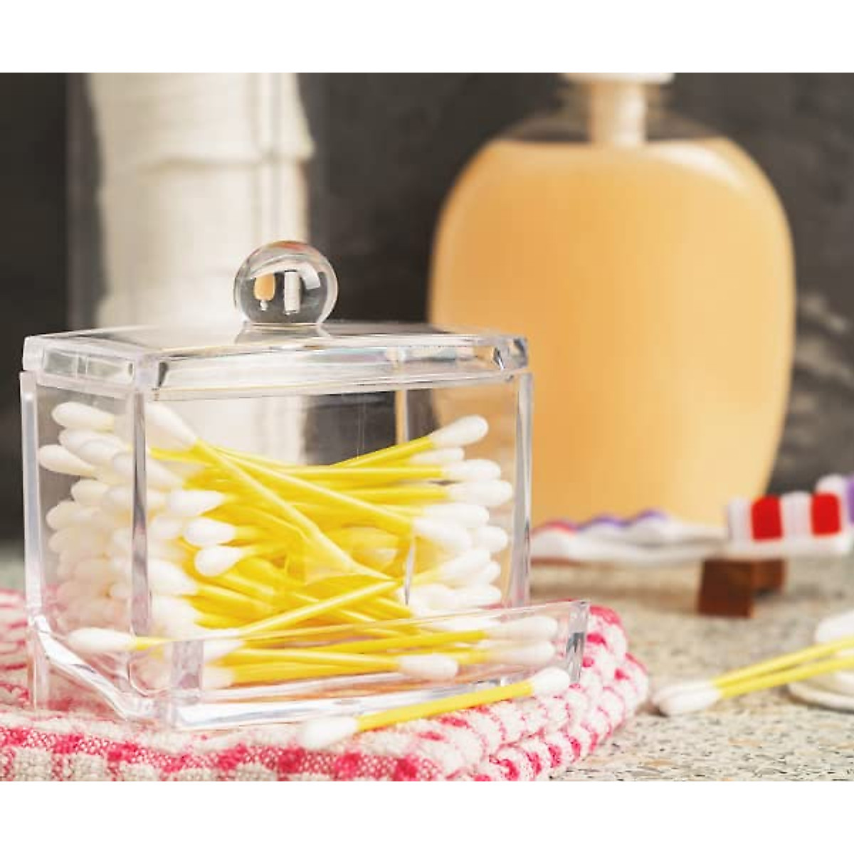 AYNEFY Cotton Swabs Storage, Cotton Swab Contain Box Portable Home Cosmetic Case Q-tip Storage Cotton Pad Swab Box Organizer for Bathroom and Bedroom 3.5inch x 3inch x 3.5inch