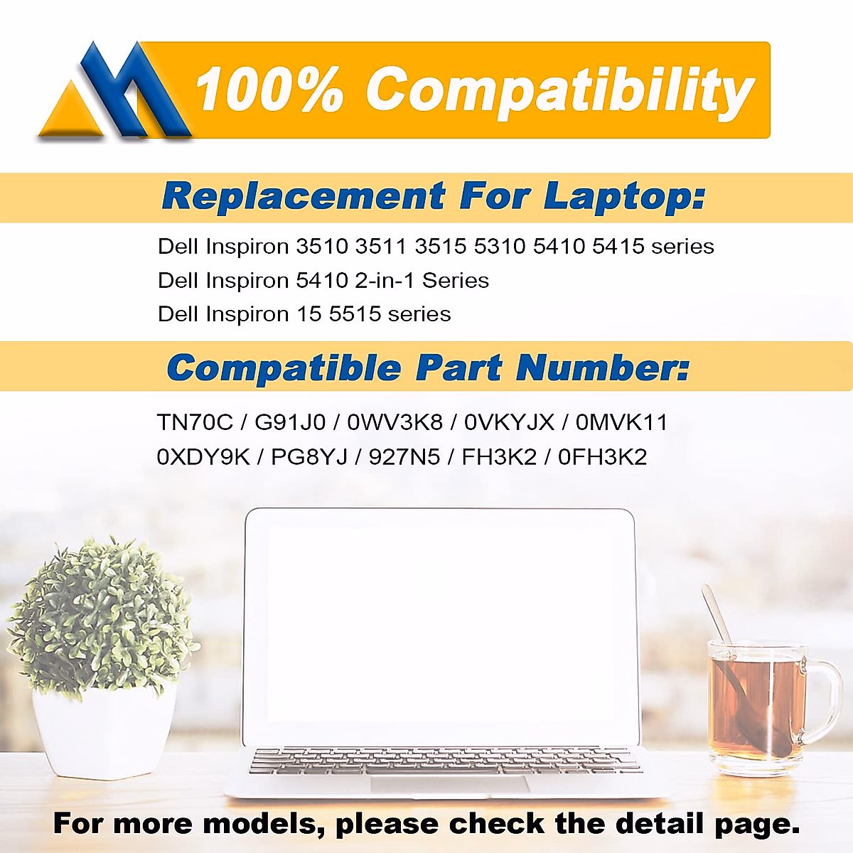 Mobik 64Wh TN70C Battery Replacement for Dell Inspiron 3510 3511 3515 5310 5410 5418 5510 5515 Latitude 3320 3330 3420 3520 Series Vostro 3510 3511 3515 5410 5510 G91J0 V6W33 0WV3K8 15.2V 4000mAh