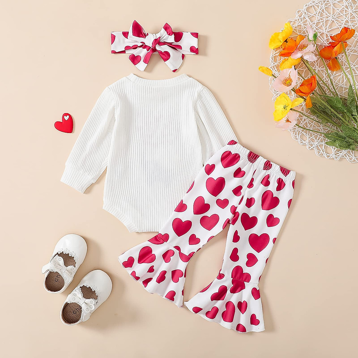 ADXSUN Baby Girl Valentine's Day Outfits Heart Print Romper+Flared Pants+Headband Infant Clothes 0-18 Months