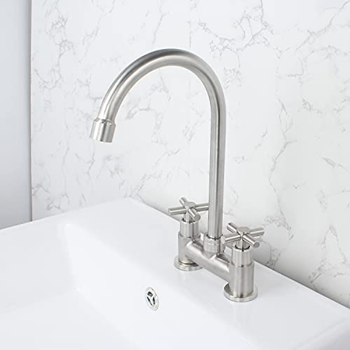 UMANYI Bar Faucet 2 Hole 4" Centerset High Arc Stainless Steel Brushed Nickel Bar Prep Kitchen Sink Faucet with Two Cross Handle SSKF10-1