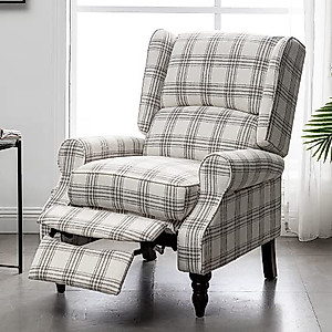 MELLCOM Upholstered Wingback Massage Recliner Chair,Traditional Push Back Recliner with Padded Seat,Mid Century Modern Lounge Chair Armchair with Wired Remote for Living Room Bedroom,Beige Plaid
