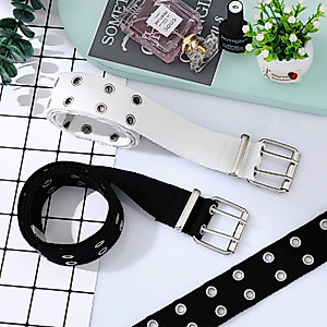 Geyoga 2 Pieces Double Grommet Canvas Belts Two-Hole Jeans Vintage Buckle Punk Belts for Men and Women (White and Black,100 cm)