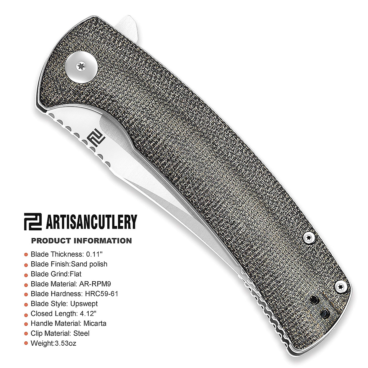 ARTISANCUTLERY Folding Knife Arroyo (ATZ-1845) AR-RPM9 Powder Steel Balde Micarta Tactical Handle Pocket Folding Knife EDC OD Green Micarta