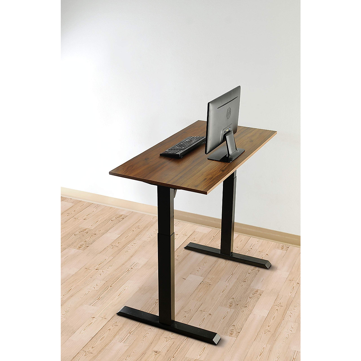 TechOrbits 47 Inch Electric Standing Desk Frame with Tabletop - Motorized Workstation Two Leg Stand Up Desk with Memory Settings and Telescopic Sit Stand Height Adjustment (Black Frame/Wood Brown Top