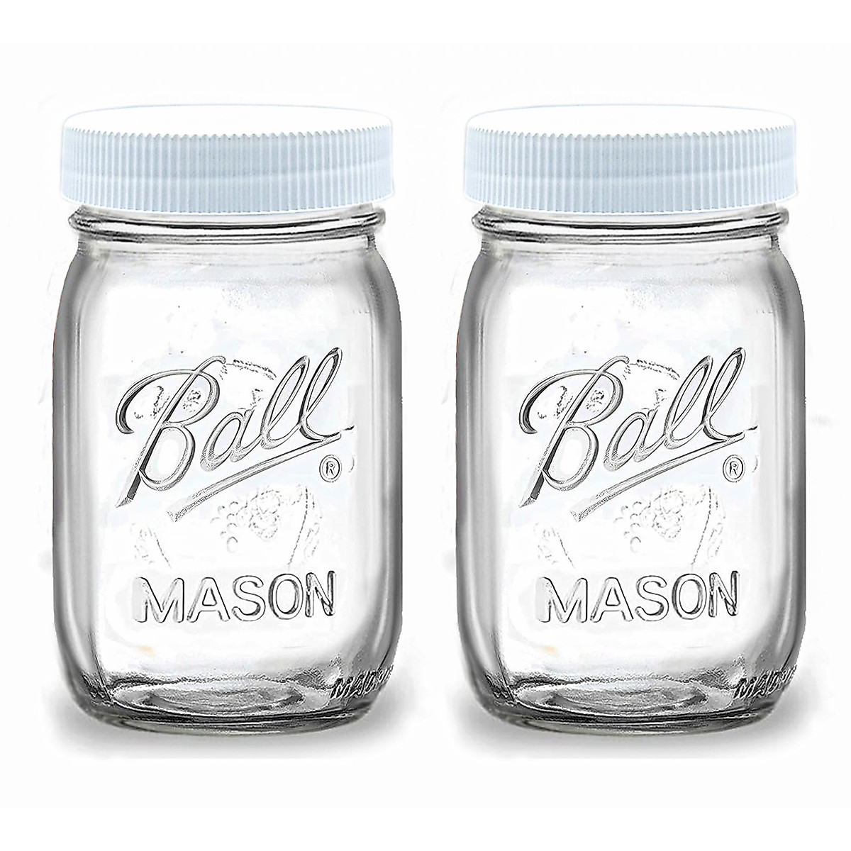Regular Mouth Mason Jars 16 oz - (2 Pack) - Ball Regular Mouth 16-Ounces Pint Mason Jars with White M.E.M Food Storage Plastic Lids - For Storage, Freezing - Leak Proof, Microwave & Diswasher Safe