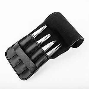 Tweezers Set, Eyebrows Kit Professional Stainless Steel Set - 4 Pieces with Leatherette Travel Case Perfect for Facial Hair, Beauty and Personal Care Tool Hobri International, silver (HTZK-001)