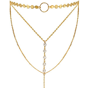 Suyi Stylish Layered Sequins Choker Necklace with Thin Long Chain Pendant for Women Lady (Crystal Gold)