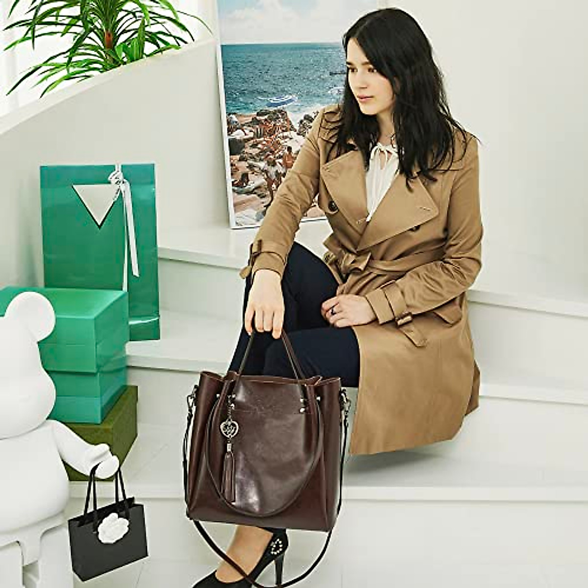 DamiFriends Leather Tote Bag 3 in 1 Tote Bag for Women with Zipper Closure and Cute Tassel Charm