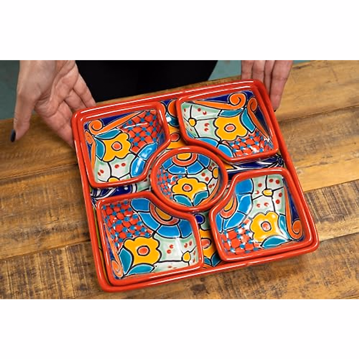 Enchanted Talavera Mexican Pottery Ceramic Large Appetizer Tray Serving Dishes Platter Dish Food Plate Condiments Organizer (Square 6 Piece Set, Red)