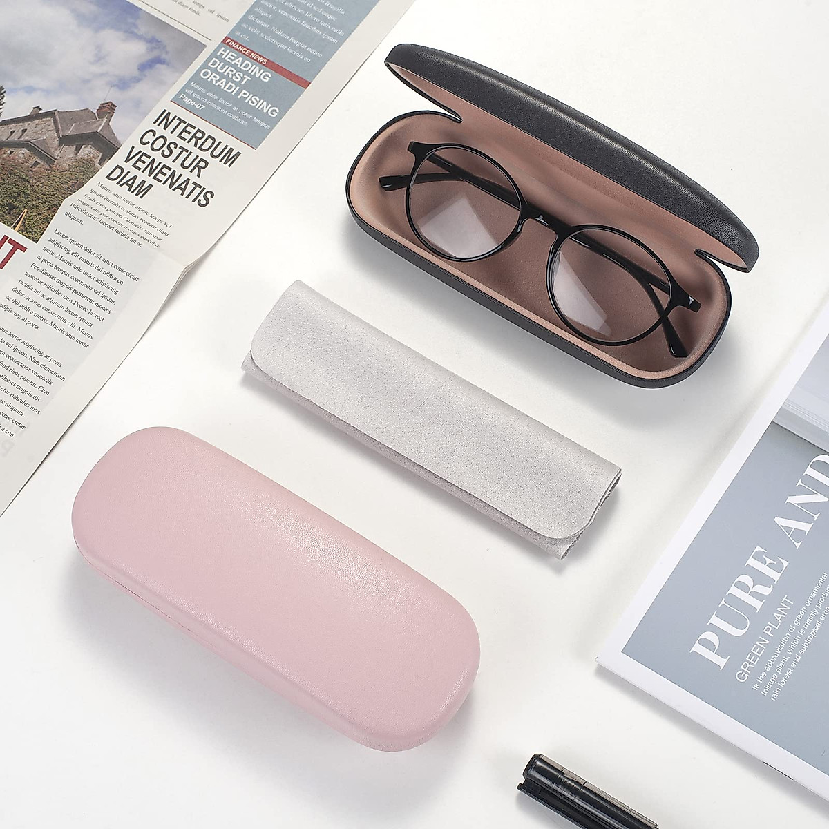 Marvolia Glasses Case Hard Shell Eyeglasses Case PU Leather Protective Case for Sunglasses Eyeglasses with Cleaning Cloth for Men Women - Pink
