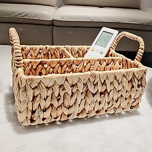 Remote Control Holder Wicker Desk Organizer Divided Storage Basket,Hand Woven Cosmetic Storage Box with 3 Compartments,Water Hyacinth Remote Control Basket for Desktop Organizing