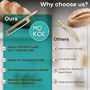 MO KÖE 16” Wooden Bread Knife - Double Serrated Stainless Steel Blade - Bow Knife for Homemade & Sourdough Bread - Ambidextrous Design for Right & Left Handed Users